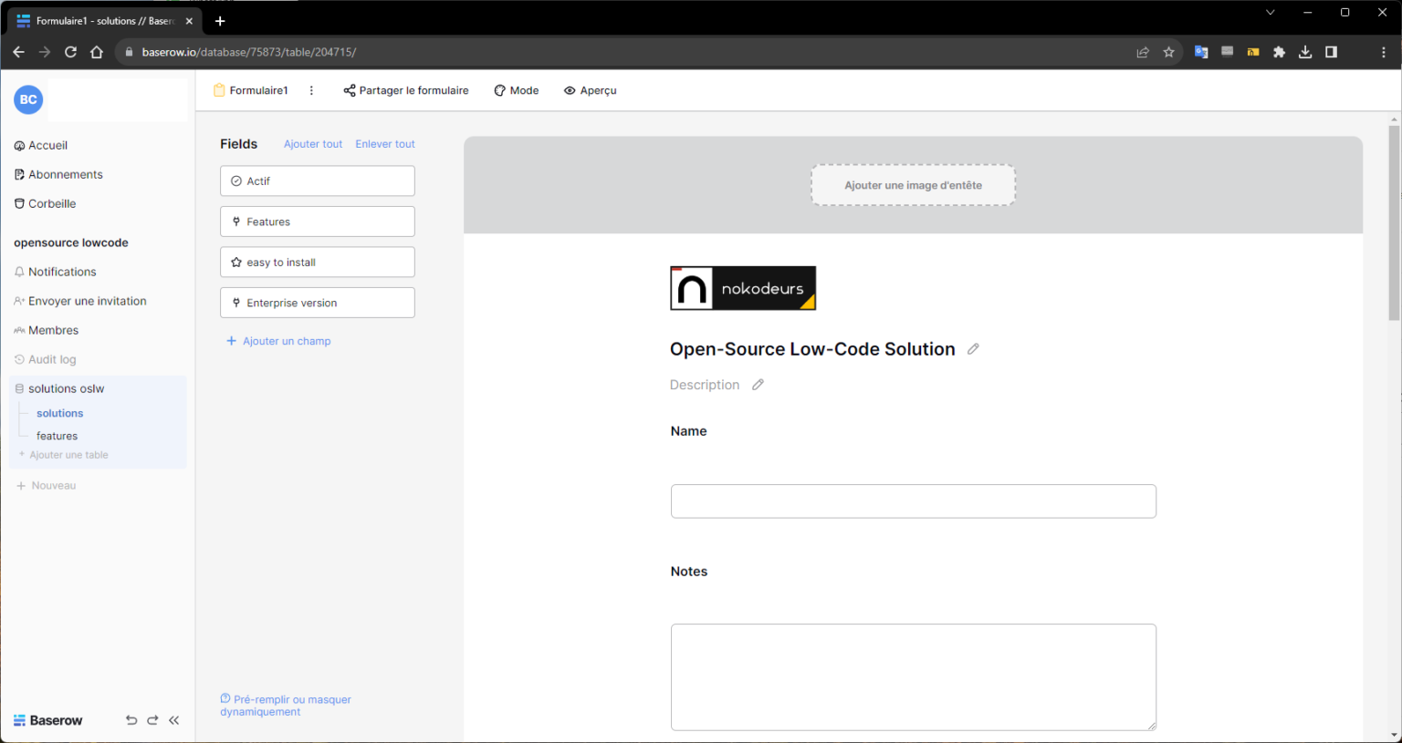Baserow Laternative Open Source à Airtable Nokodeurs